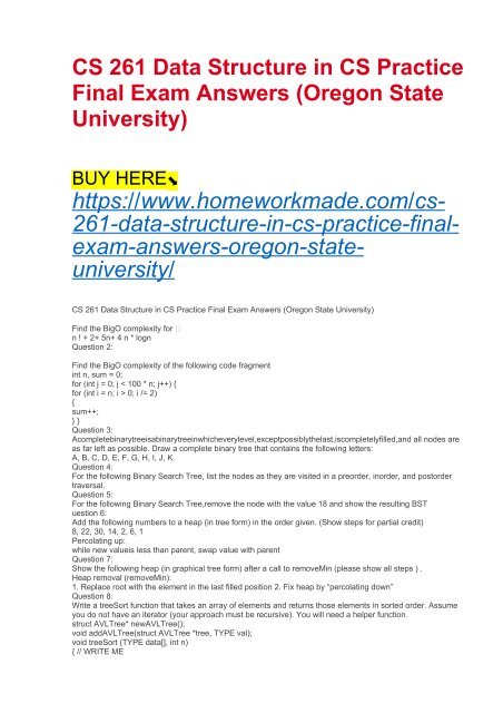 CS 261 Data Structure in CS Practice Final Exam Answers (Oregon State ...