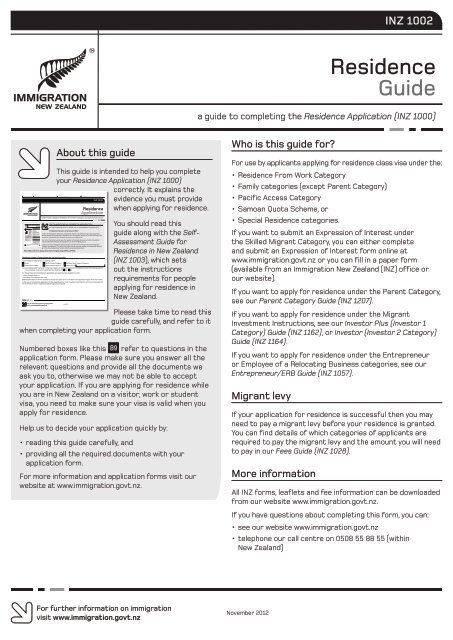 Residence Guide (INZ 1002) - New Zealand Immigration Service