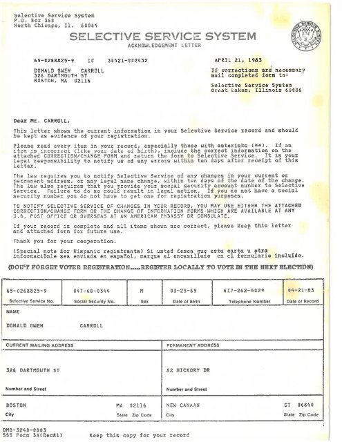 Selective Service Registration Acknowledgement