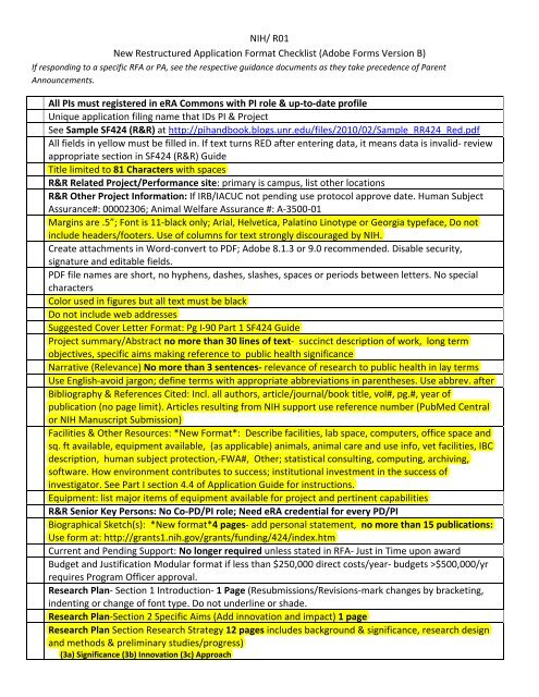 NIH/ R01 New Restructured Application Format Checklist ... - Intranet