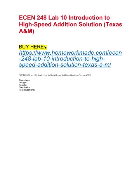 ECEN 248 Lab 10 Introduction to High-Speed Addition Solution (Texas A&M)