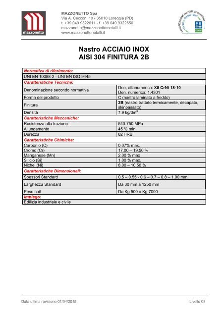 Nastro Acciaio Inox AISI 304 Finitura 2b