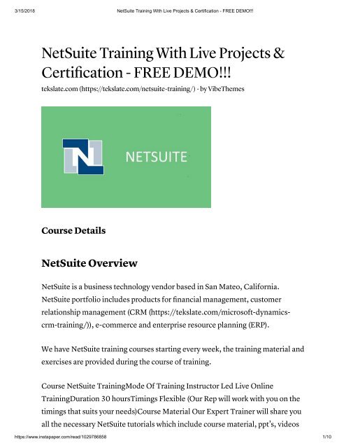 NetSuite Training With Live Projects & Certification - FREE DEMO!!!