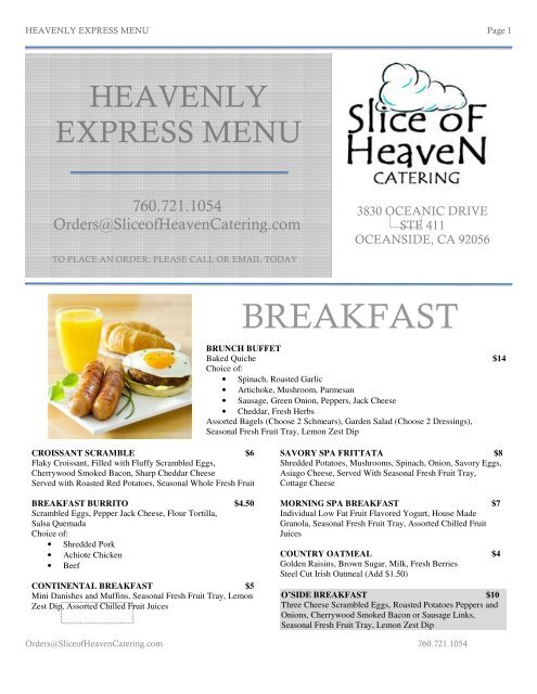 Heavenly Express Menu - Slice of Heaven Catering