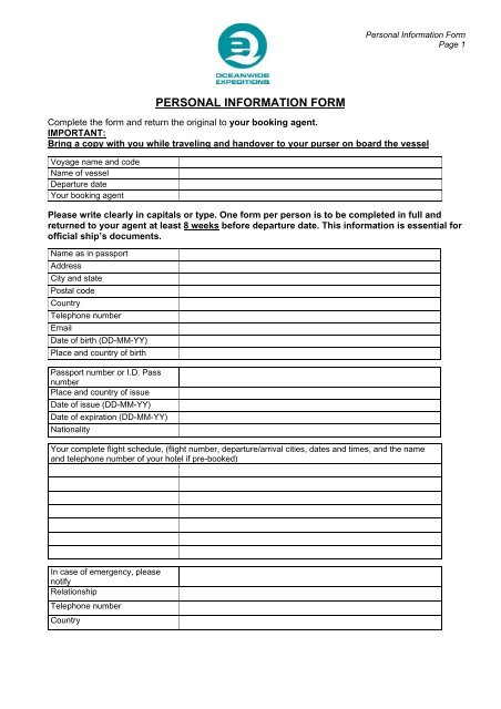 Personal Information Form - Oceanwide Expeditions - Tucan Travel
