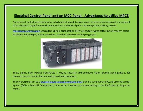 Electrical Control Panel and an MCC Panel - Advantages to utilize MPCB