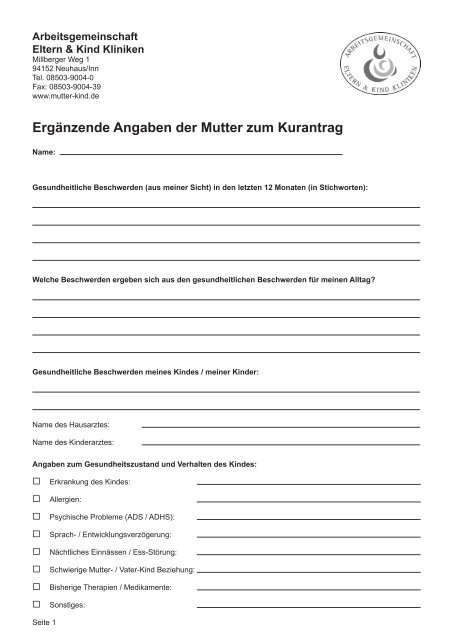 Ergänzende Angaben der Mutter zum Kurantrag