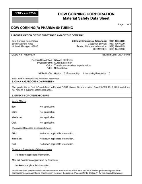 DOW CORNING CORPORATION Material Safety Data Sheet