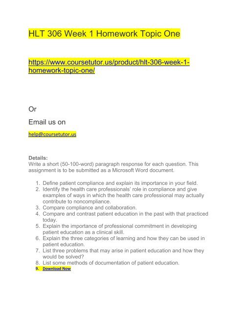 HLT 306 Week 1 Homework Topic One