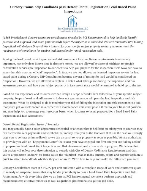 Cursory Exams help Landlords pass Detroit Rental Registration Lead ...