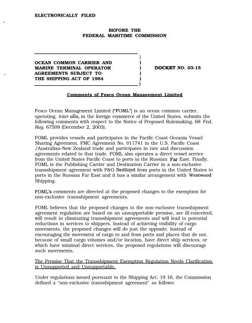 Fesco Ocean Management Limited - Federal Maritime Commission