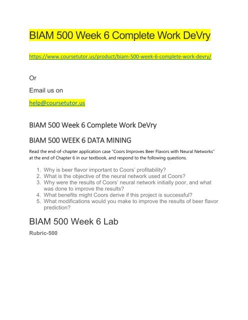 BIAM 500 Week 6 Complete Work DeVry