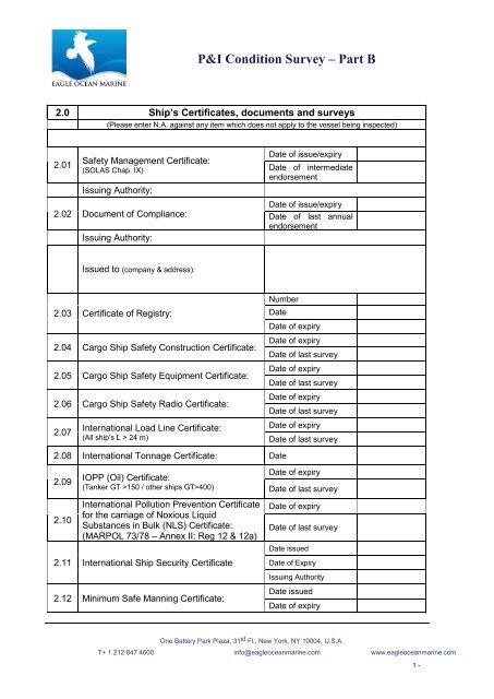 P&I Survey Form - Part B - Eagle Ocean Marine
