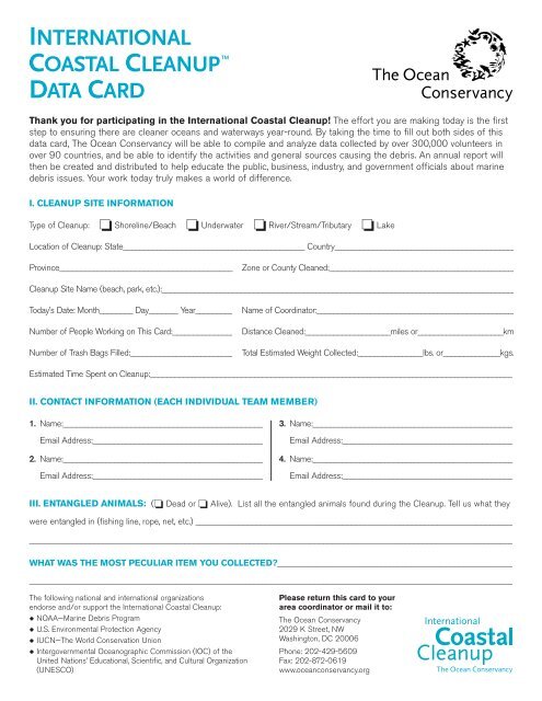 INTERNATIONAL COASTAL CLEANUPTM DATA CARD
