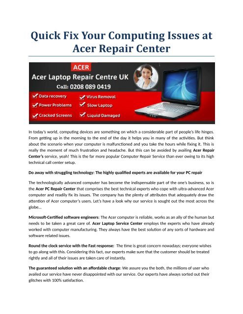 Quick Fix Your Computing Issues at Acer Repair Center