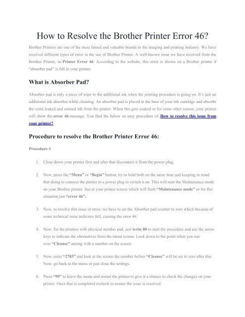 How to Resolve the Brother Printer Error 46