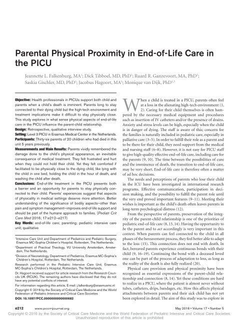 Parental physical proximity in end-of-life care in the PICU