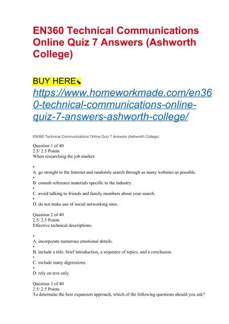 EN360 Technical Communications Online Quiz 7 Answers (Ashworth College)