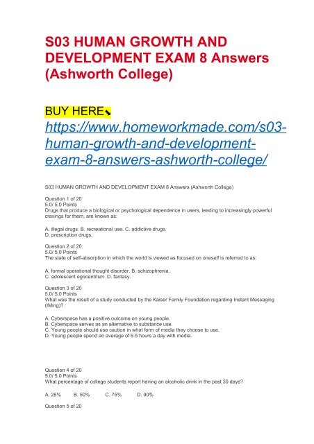 S03 HUMAN GROWTH AND DEVELOPMENT EXAM 8 Answers (Ashworth College)