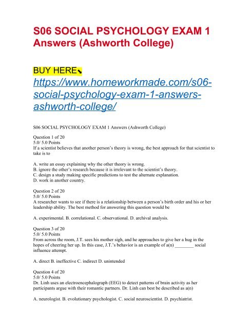 S06 SOCIAL PSYCHOLOGY EXAM 1 Answers (Ashworth College)