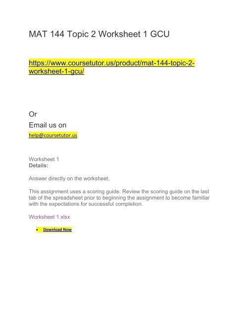 MAT 144 Topic 2 Worksheet 1 GCU