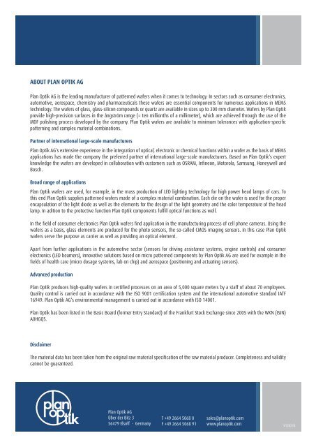 ABOUT PLAN OPTIK AG Plan