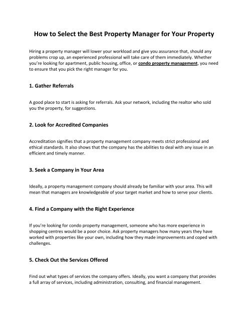 How to Select the Best Property Manager for Your Property