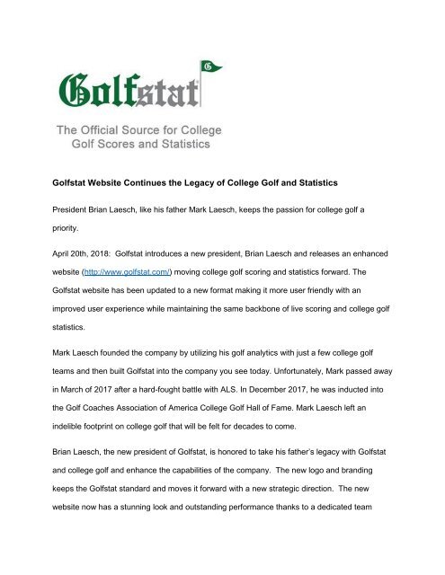 Golfstat Website Continues the Legacy of College Golf and Statistics