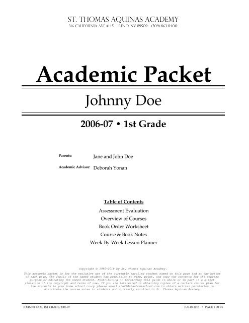 ACADEMIC PACKET • GRADE 1