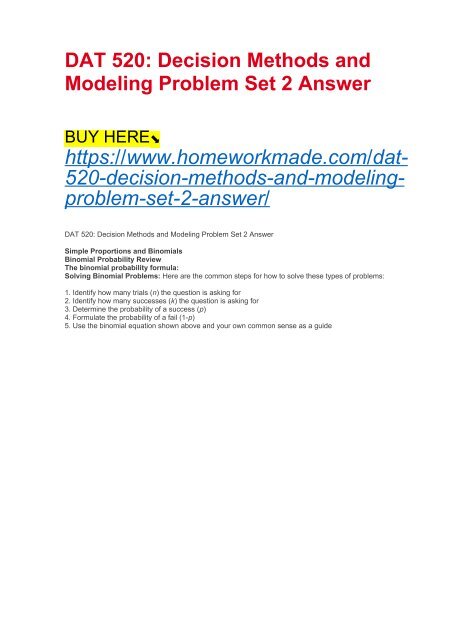 DAT 520- Decision Methods and Modeling Problem Set 2 Answer