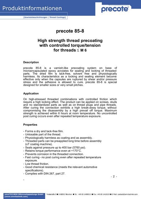 precote 85-8 High strength thread precoating with controlled torque ...