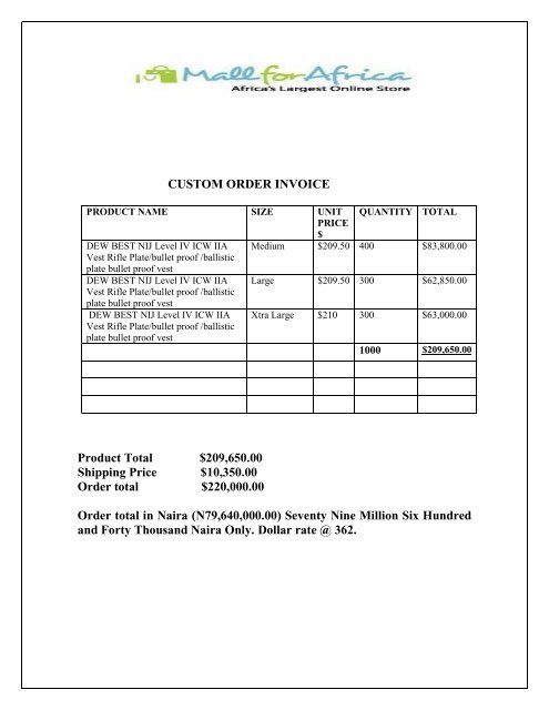 Custom Order Invoice