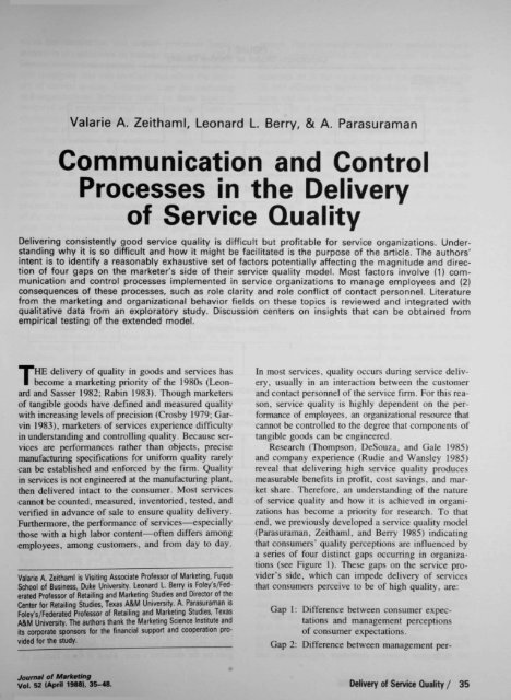 Communication and Control Processes in the Delivery of Service ...