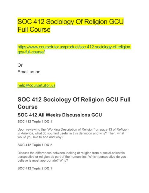 SOC 412 Sociology Of Religion GCU Full Course