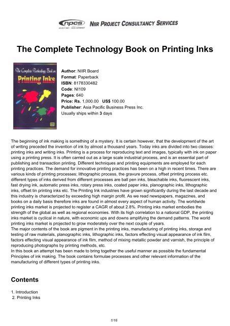 The Complete Technology Book on Printing Inks - NIIR.org
