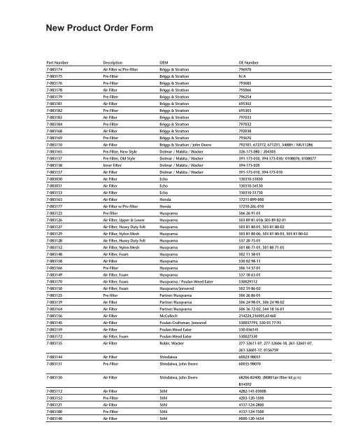 New Product Order Form - Prime®Line