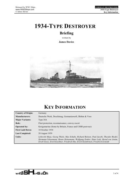 1934-TYPE DESTROYER Briefing - World War Two Ships