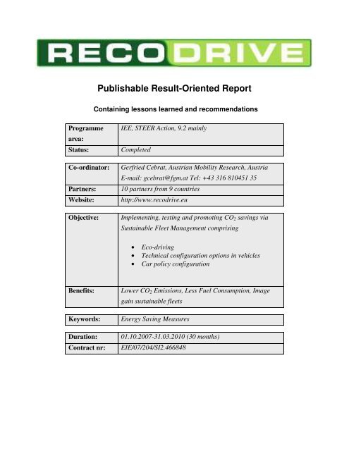 RECODRIVE Final Publishable Result-Oriented Report
