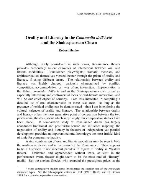 Orality and Literacy in the Commedia dell'Arte - Oral Tradition Journal