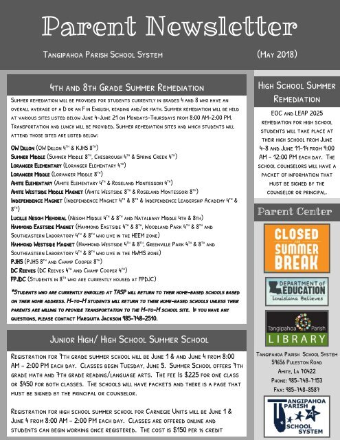 Parent Newsletter Summer 2018 (1)