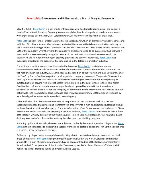 Peter Loftin - Entrepreneur and Philanthropist, a Man of Many Achievements