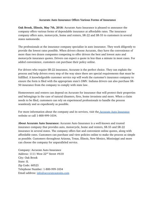 Accurate Auto Insurance Offers Various Forms of Insurance