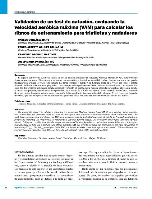 Validación de un test de natación, evaluando la velocidad ... - apunts