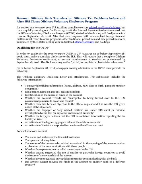 Bowman Offshore Bank Transfers on Offshore Tax Problems before and ...