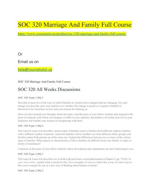 SOC 320 Marriage And Family Full Course