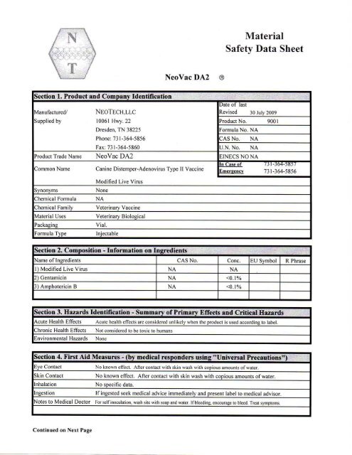 MSDS NeoVac DA2 - NeoTech Vaccines, LLC