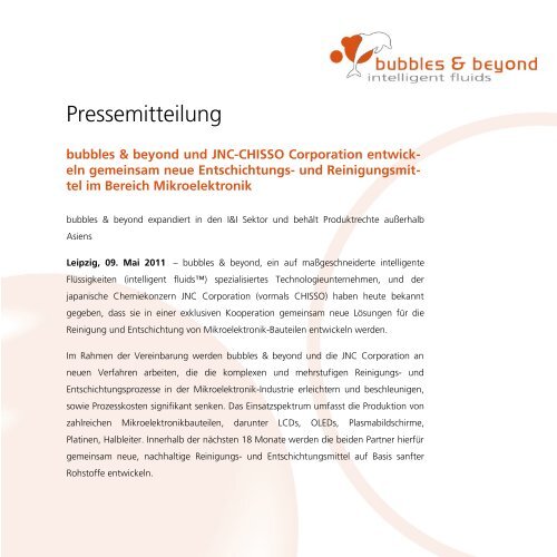 bubbles & beyond und JNC-CHISSO Corporation entwickeln