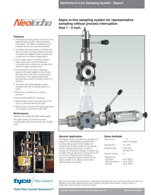 Neotecha Sapro Sampling Systems - Valves and Controls