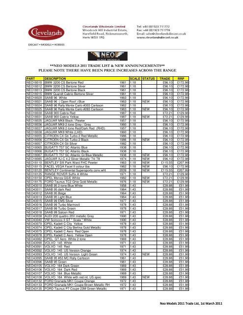 NEO TRADE PRICE LIST FEB 2011 - Clevelands