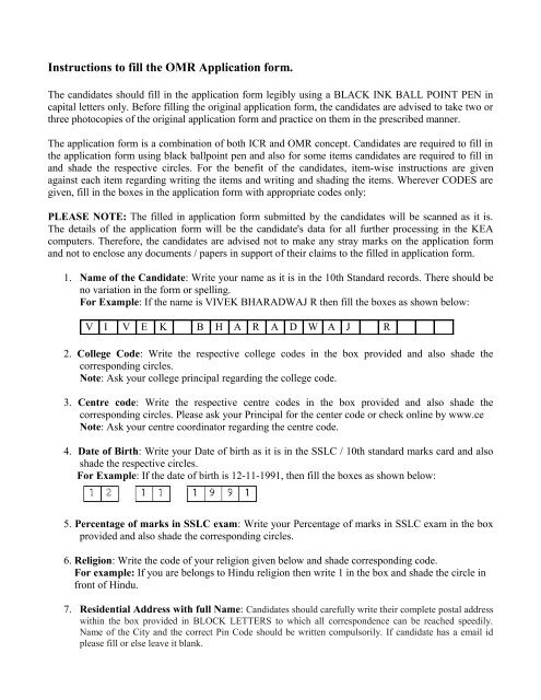 Instructions to fill the OMR Application form. - CET Rural
